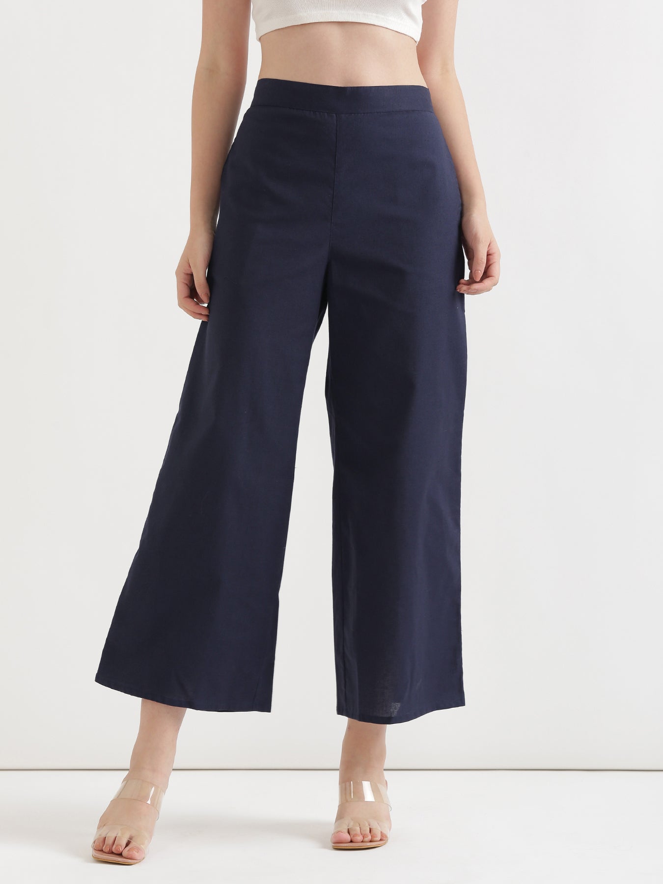 Women Navy Blue Airy Linen Wide Leg Pant