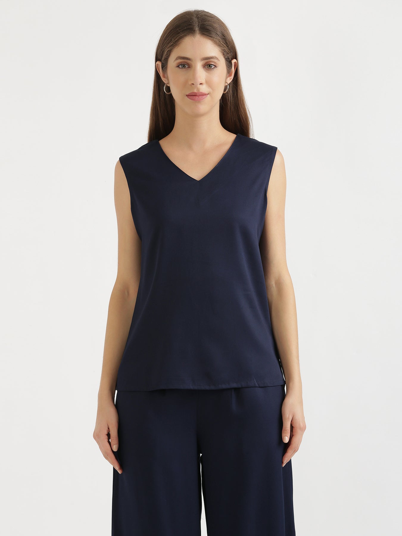 Women Navy Blue V-Neck Sleeveless Top